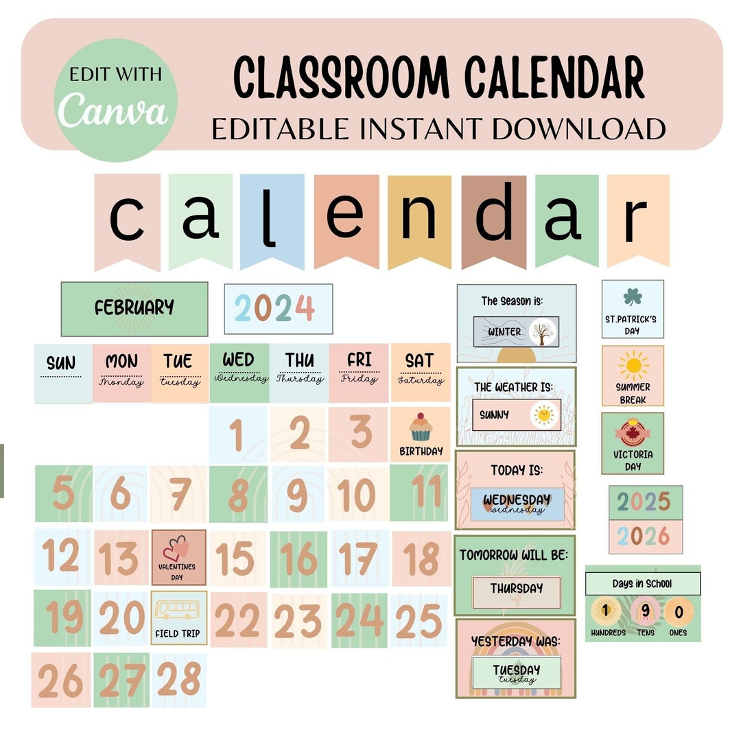 Classroom Calendar Display and Weather Station, Printable Modern Boho ...