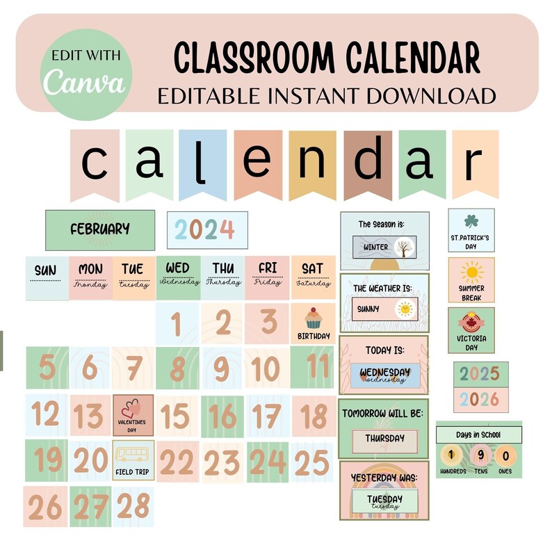 Classroom Calendar Display and Weather Station, Printable Modern Boho ...