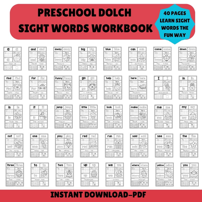 Sight Words Worksheets Printable Instant Download Preschool ...