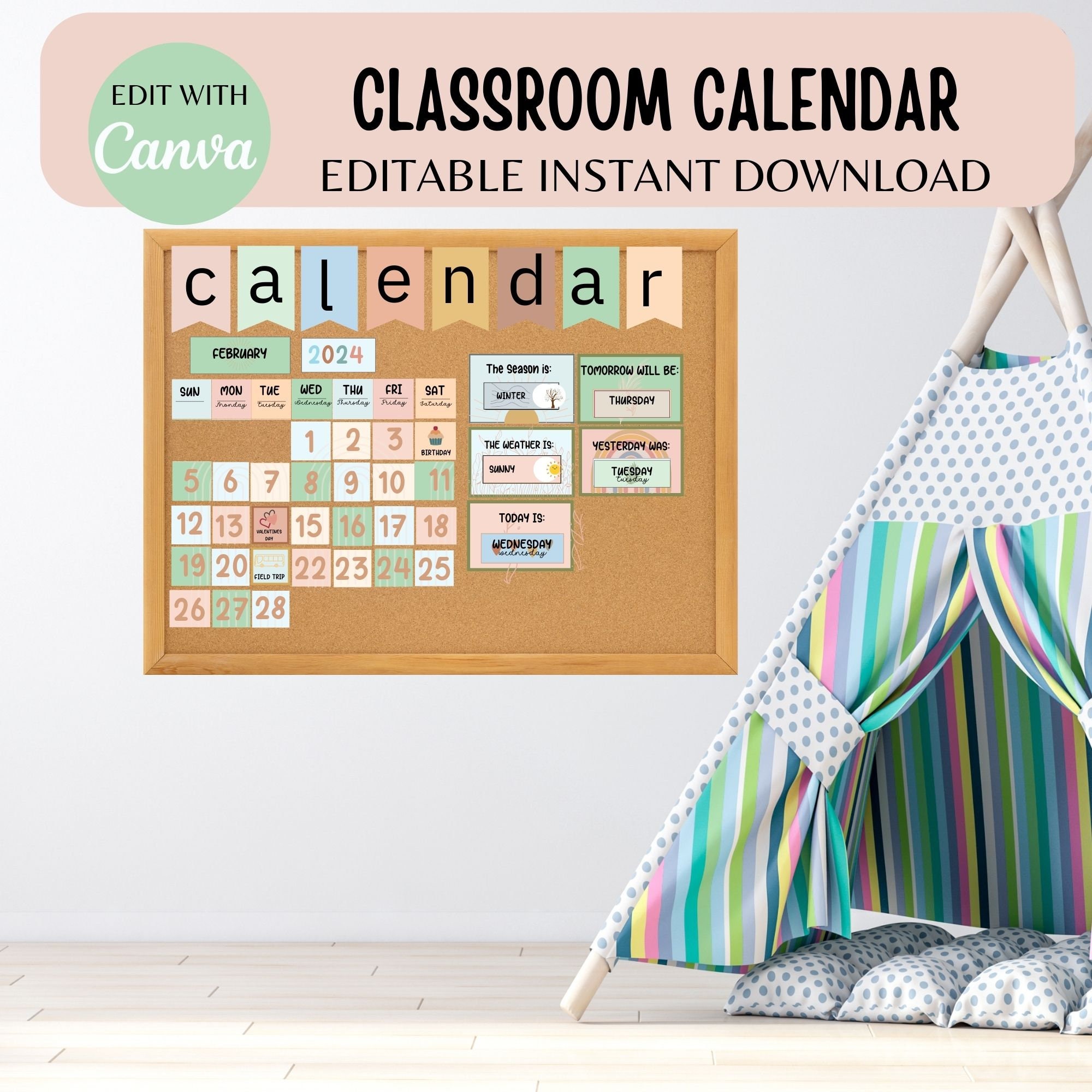 Classroom Calendar Display and Weather Station, Printable Modern Boho ...