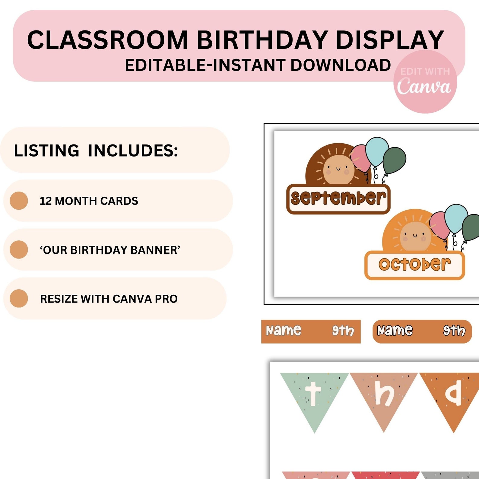 Classroom Birthday Printable Display Editable in Canva Boho Modern ...