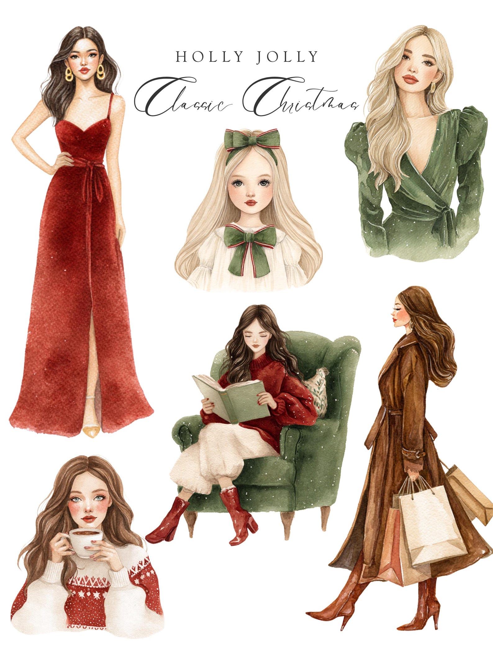 Watercolor Classic Christmas Clipart, Preppy Christmas PNG Bundle ...