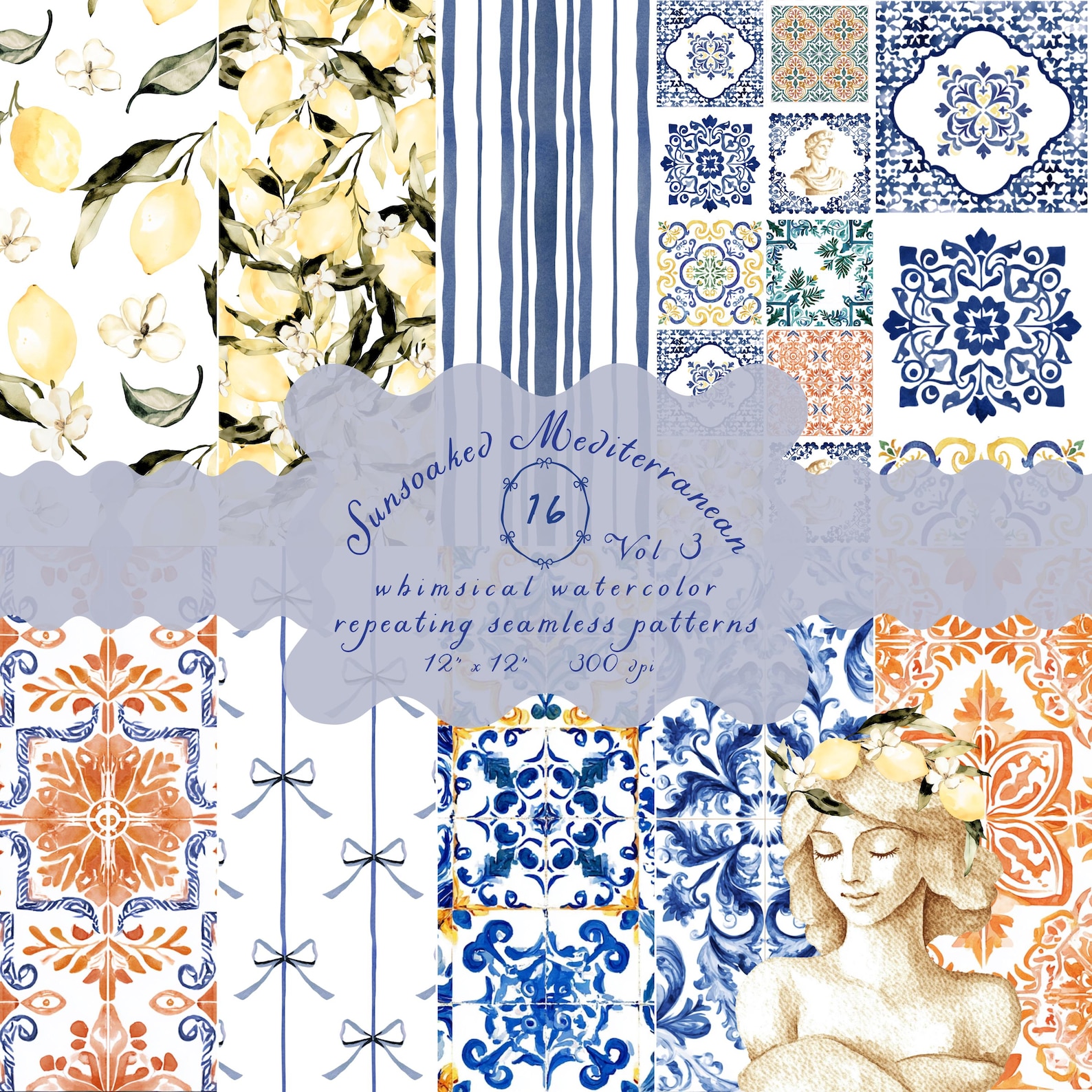 Watercolor Lemon & Blue Tile Mediterranean Patterns: Digital Paper - Etsy