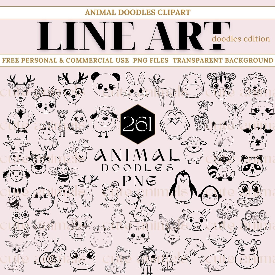 261 Animal Doodle PNG Bundle for Commercial Use, Animal Faces, Animals ...