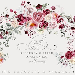 Watercolor Burgundy Blush Floral Clipart, Burgundy Flowers, Blush ...