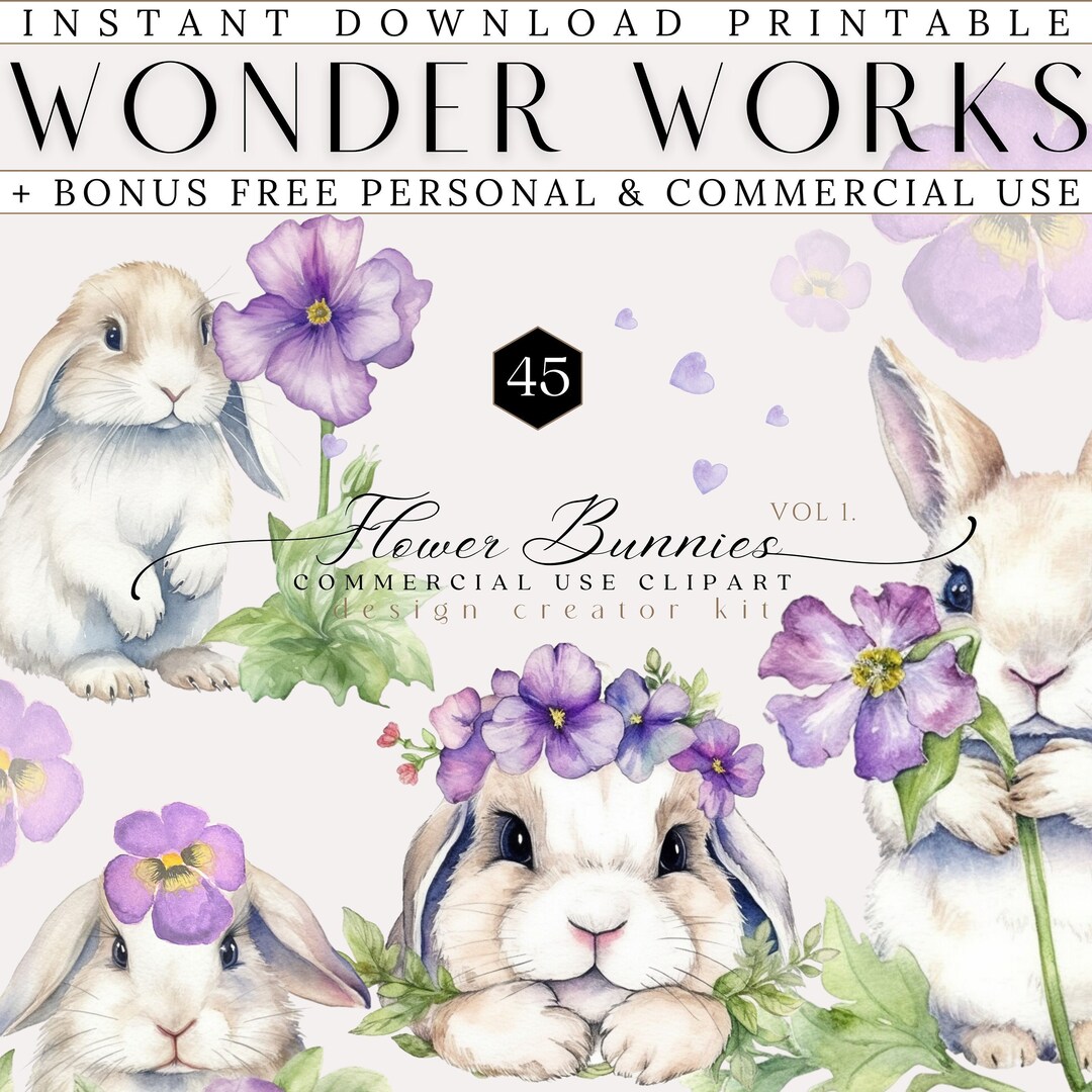 Flower Bunnies Clipart for Commercial Use, Spring Clipart, Watercolor ...