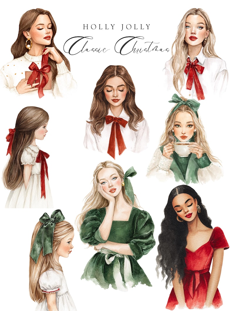 Watercolor Classic Christmas Clipart, Preppy Christmas PNG Bundle ...