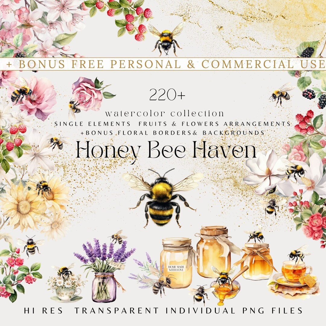 Watercolor Honey Bee Clipart for Commercial Use, Spring Clipart, Garden ...