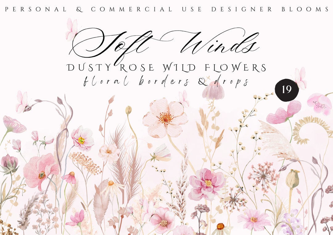 Watercolor Dusty Rose Wild Field Flowers Clipart, Floral Borders ...