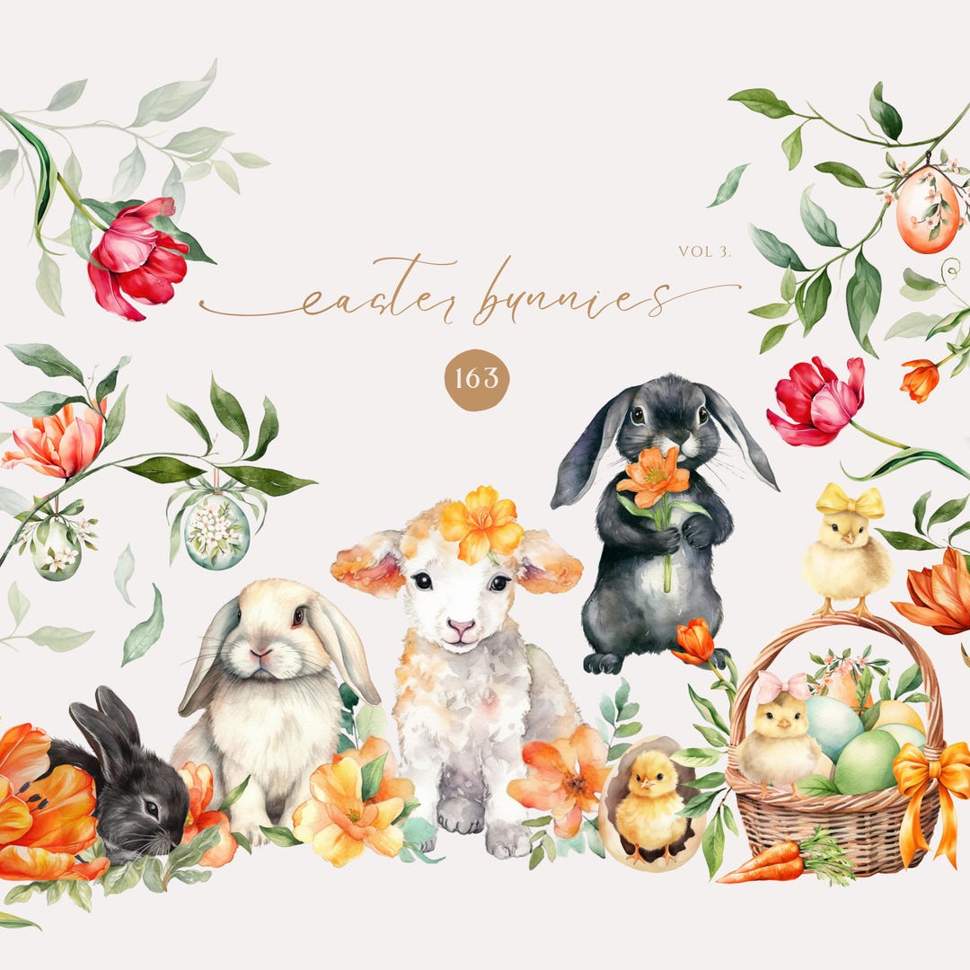 Watercolor Bunnies Clipart, Floral Bunnies, Spring Bunnies, Watercolor ...