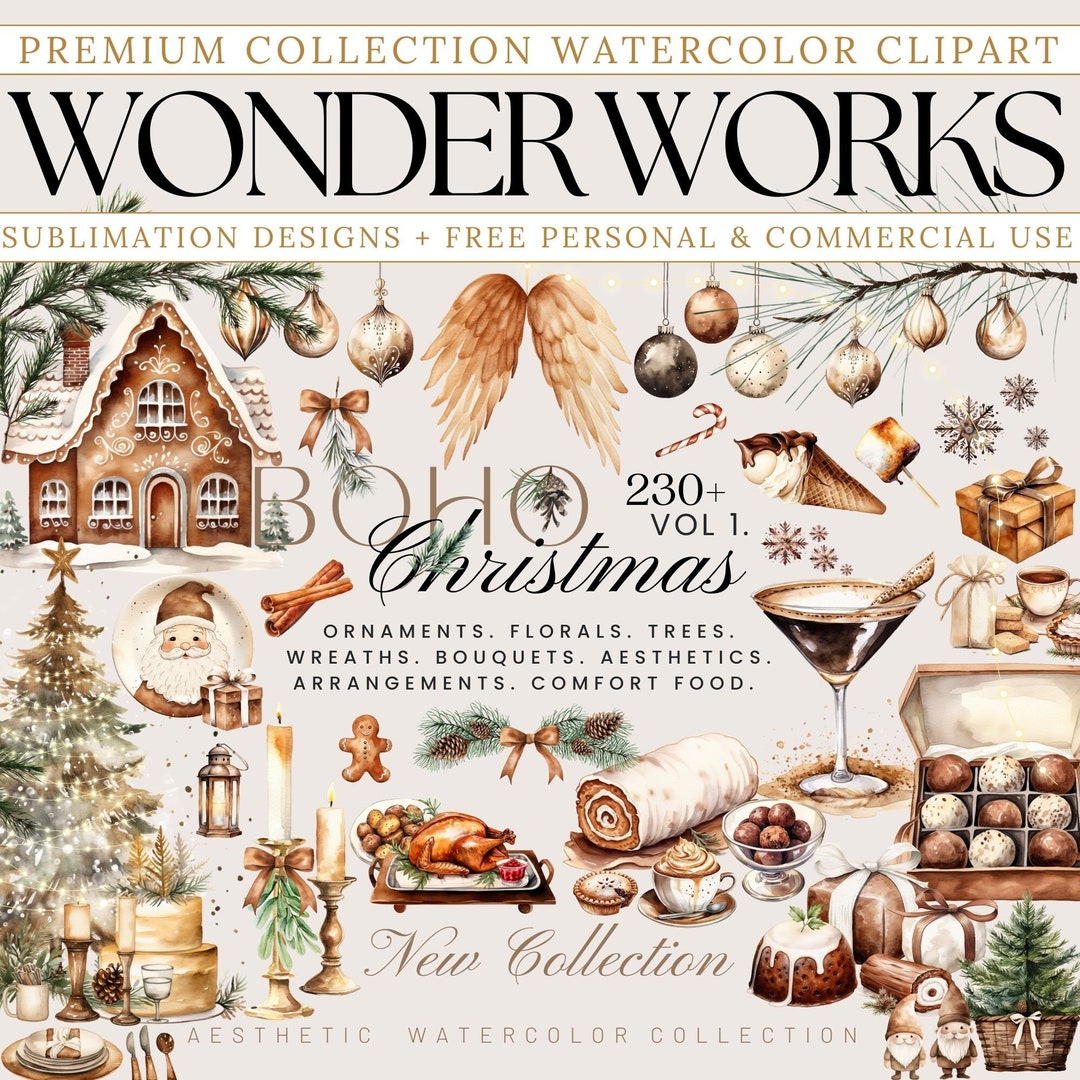 Boho Christmas Watercolor PNG Bundle Cute Christmas Graphics, Cozy ...