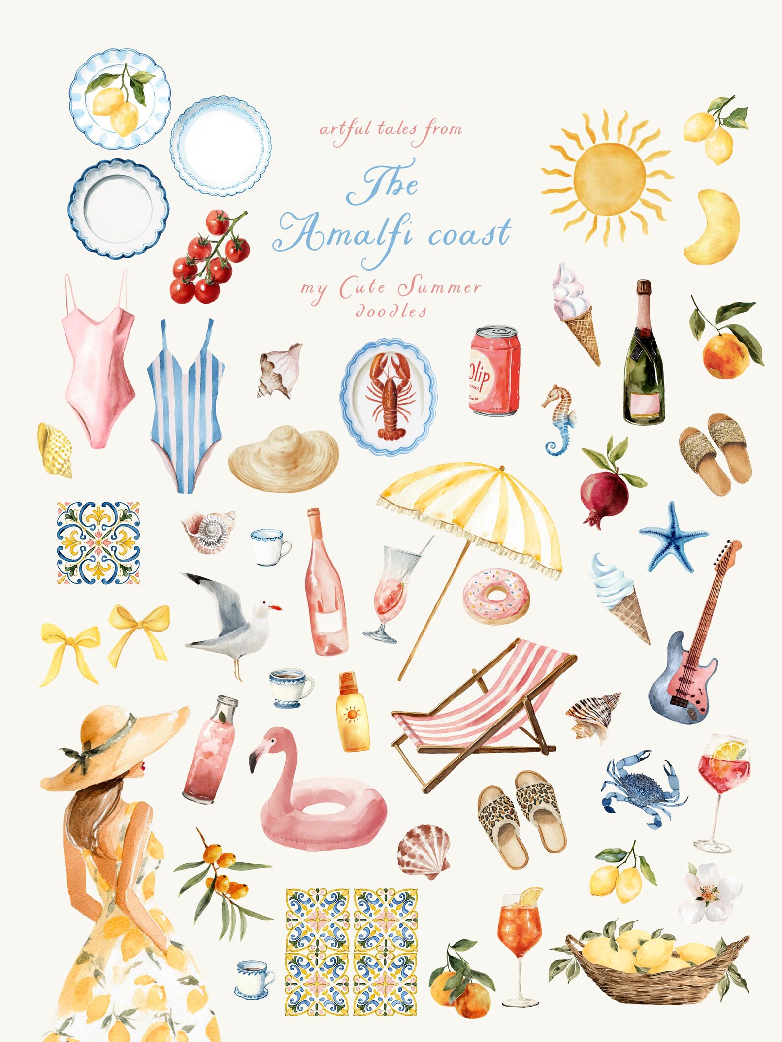 Amalfi Coast Whimsical Watercolor Doodles PNG, Italian Summer ...