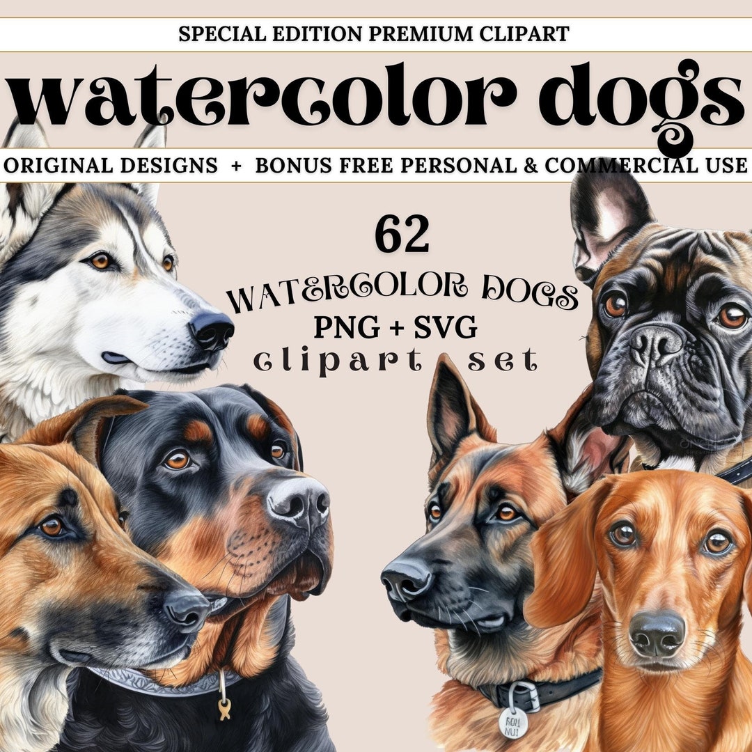 Watercolor Dogs Bundle, Dogs Faces, Dog Portraite, Dogs PNG Sublime ...