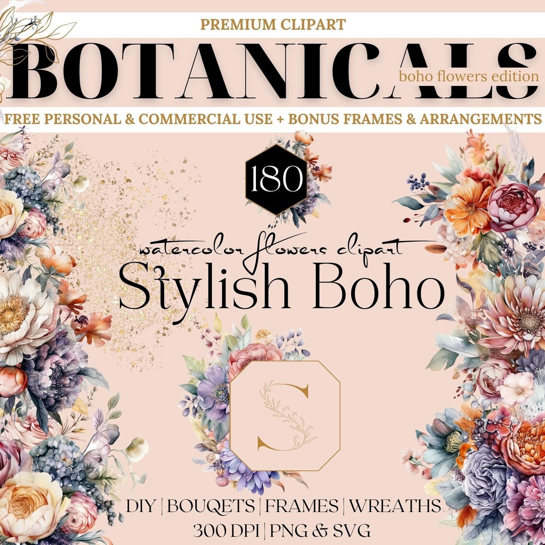 180 Boho Flowers Watercolor Clipart, PNG SVG Sublime, Watercolor Floral ...