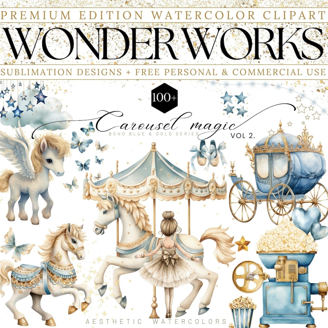 Watercolor Blue Carousel Clipart, Ballerina Carousel Magical Graphics ...