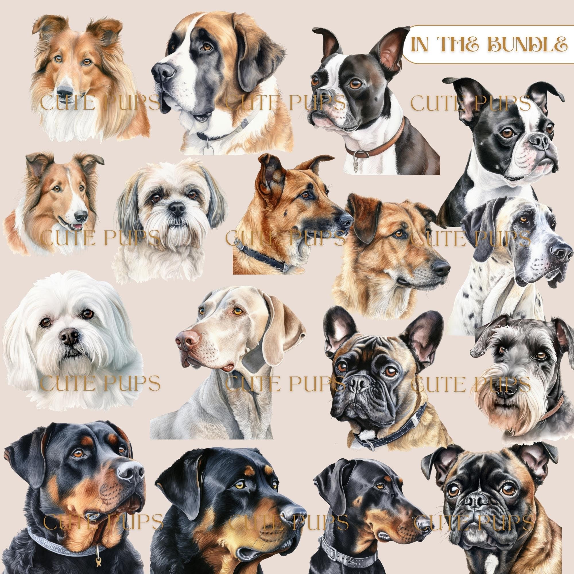 Watercolor Dogs Bundle, Dogs Faces, Dog Portraite, Dogs PNG Sublime ...