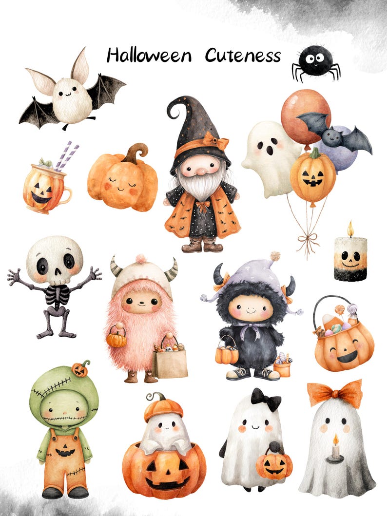 Cute Halloween Clipart Bundle, Spooky Cute Watercolor PNG, Whimsical ...