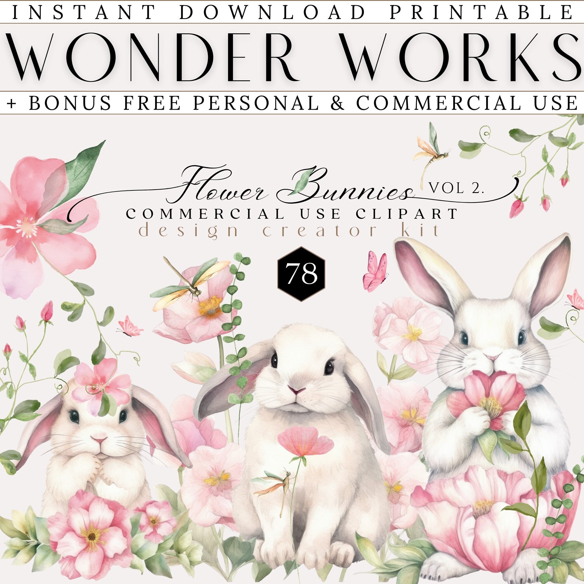 Flower Bunnies Clipart for Commercial Use, Spring Clipart, Blush Pink ...