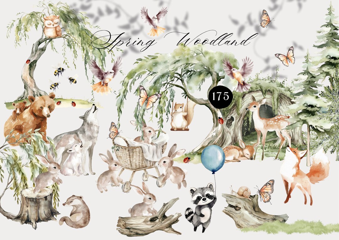 Watercolor Spring Woodland Animals Clipart: Forest PNG Graphics ...
