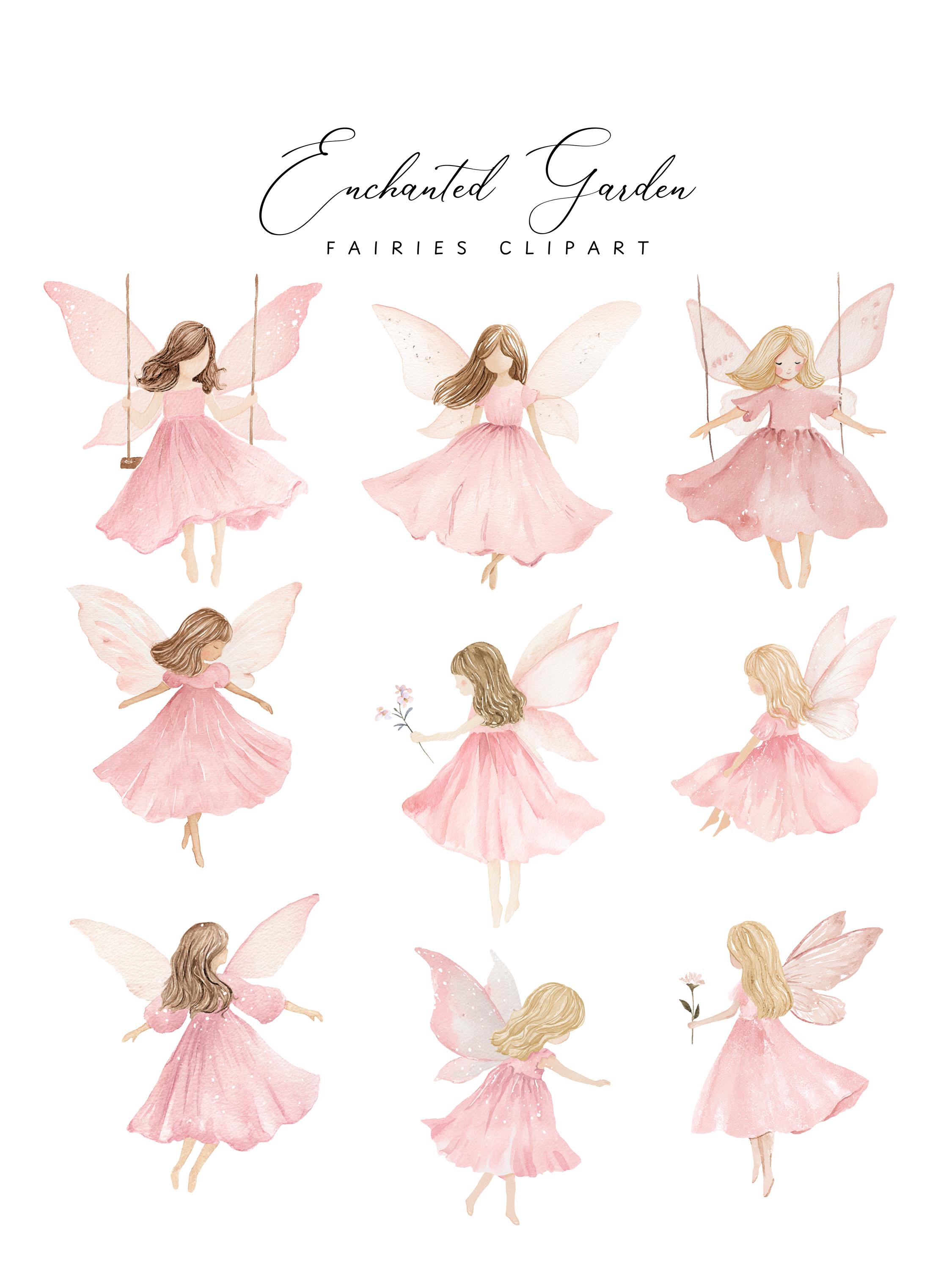 Watercolor Pink Fairy Garden Clipart | Cute Pastel Fairies, Mushrooms ...