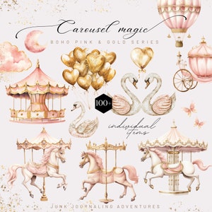 Watercolor Pink Carousel Clipart, Ballerina Carousel Magical Graphics ...