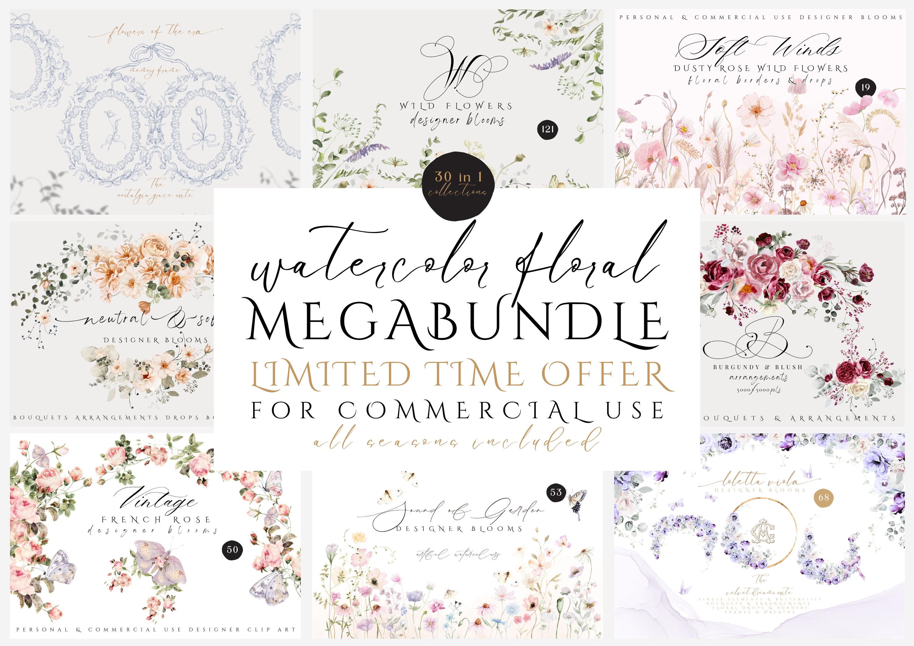 Watercolor Floral Clipart Mega Bundle: Flower Bouquets, Elements ...