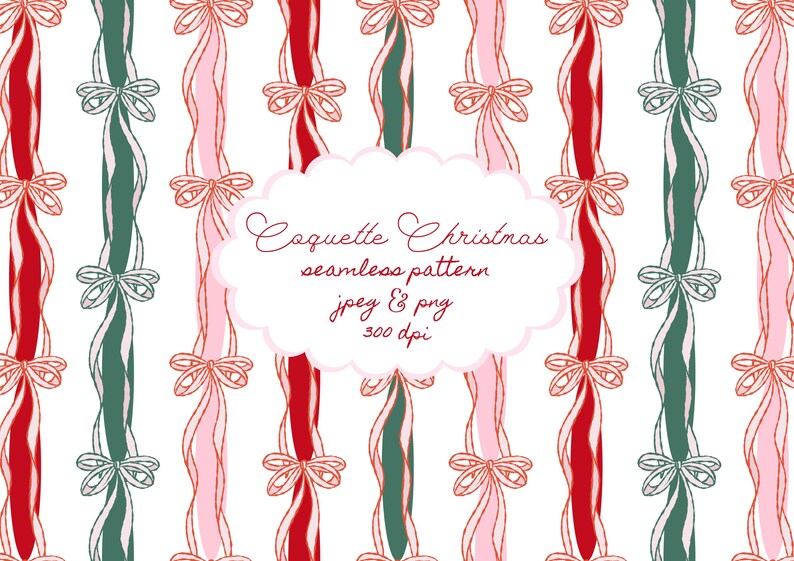 Christmas Stripes Seamless Pattern: Red, Green, Pink Coquette Bows ...