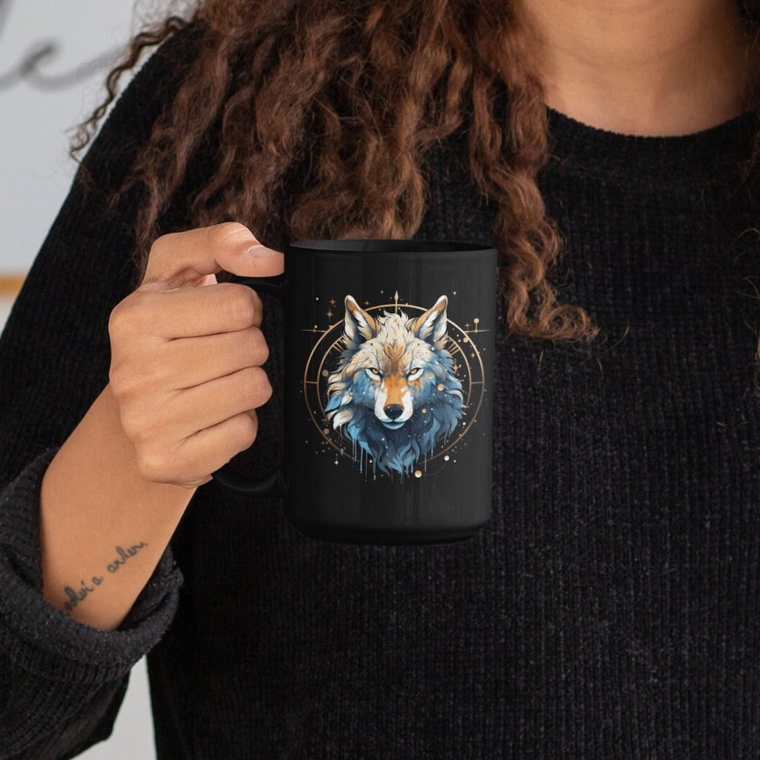 Mystical Wolf 15oz Black Ceramic Mug - Easy-grip Handle, Bohemian Mug ...