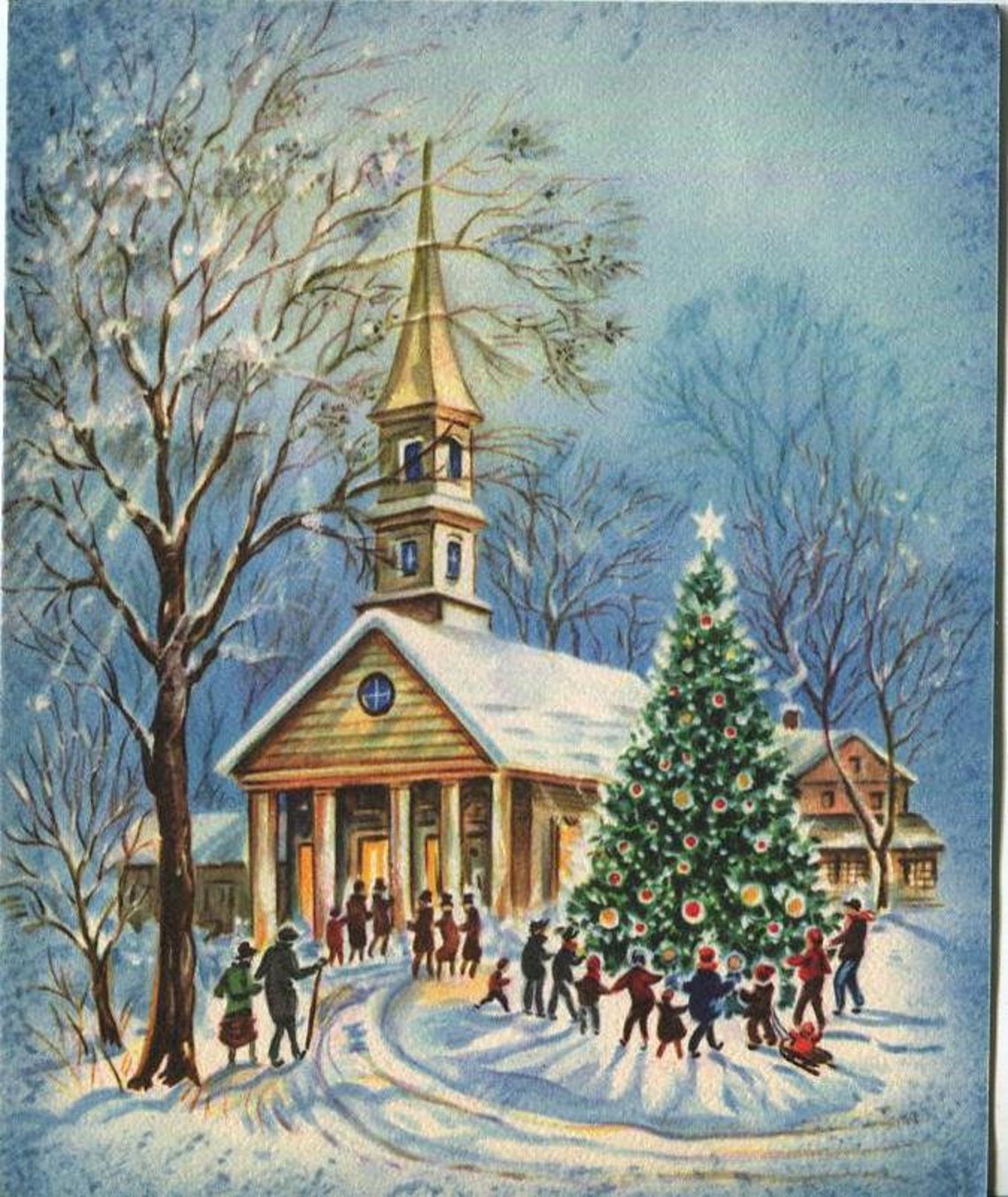 Curated Collection of Vintage Mid-century Christmas Card Church Scenes ...