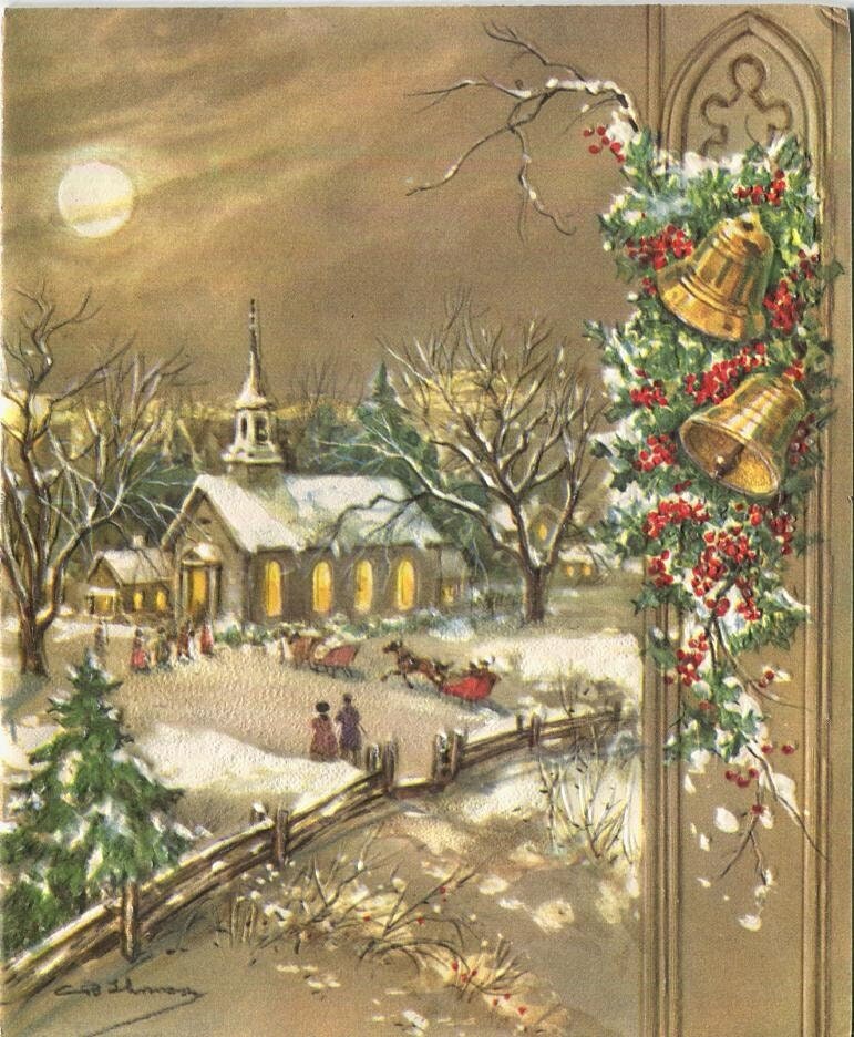Curated Collection of Vintage Mid-century Christmas Card Church Scenes ...