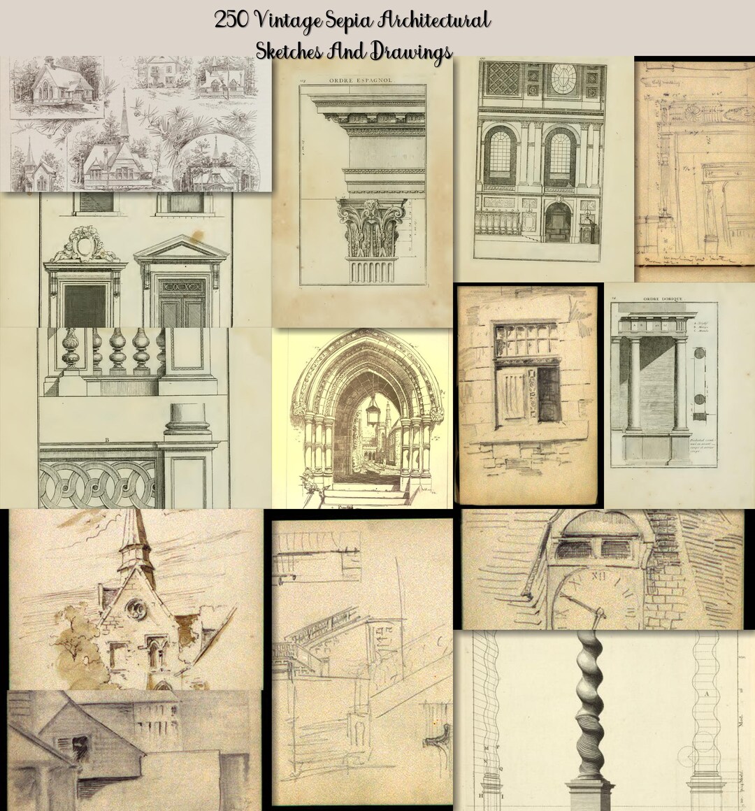 250 Sepia Architectural Sketches and Book Pgs. for Journal and Collage ...