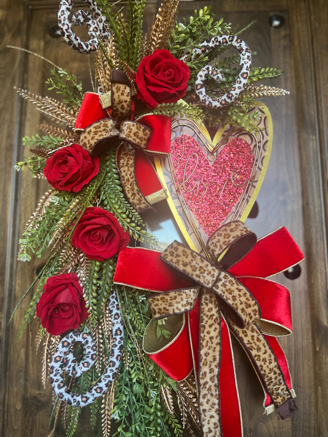 Valentine's Day Wreath: Roses, Cheetah Bow, Gold Love Sign - Etsy