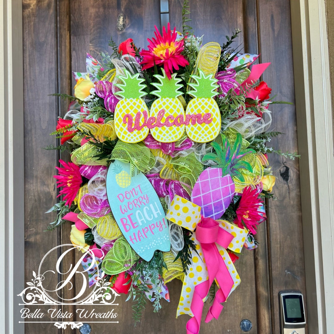 Pineapple Wreath, Pool Party Decoration, Tropical Wreath, Summer Front ...