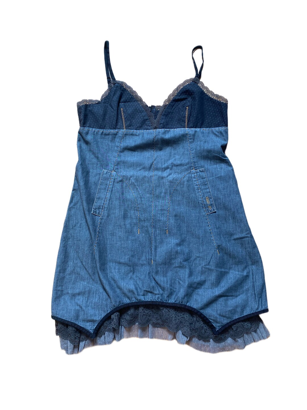 Amazing Cop Copine Vintage Blue Denim Lace Frills Mini Dress Statement ...