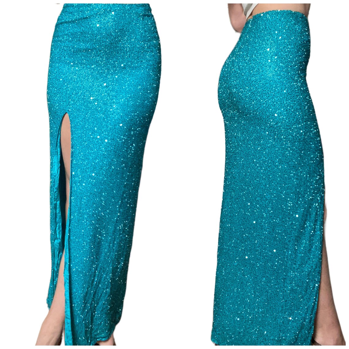Incredible Vintage 90s Mermaidcore Turquoise Blue Ocean Sequins Maxi ...