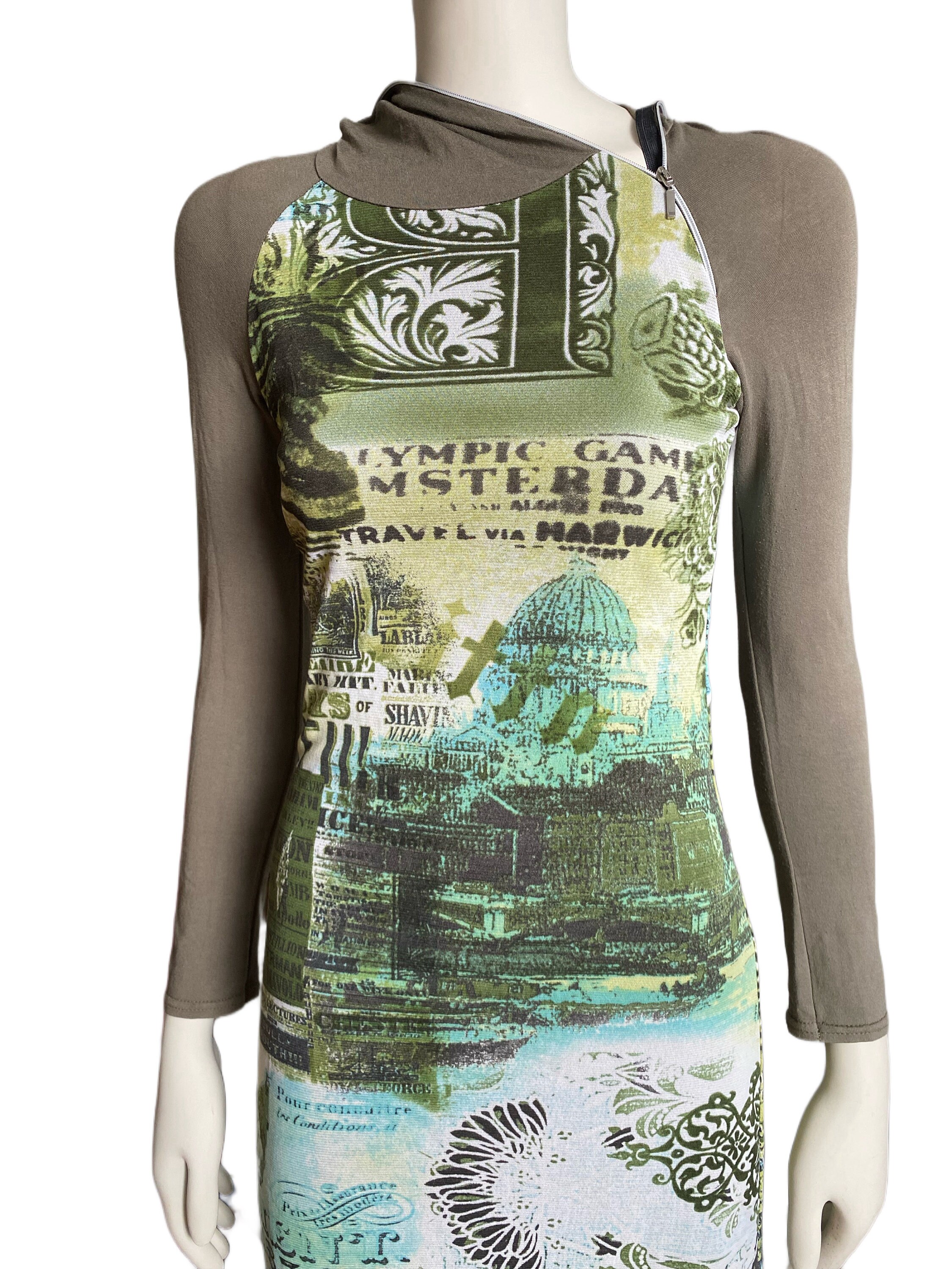 Insane Vintage 90s French Designer Graphic Print Green Mesh Scenic ...