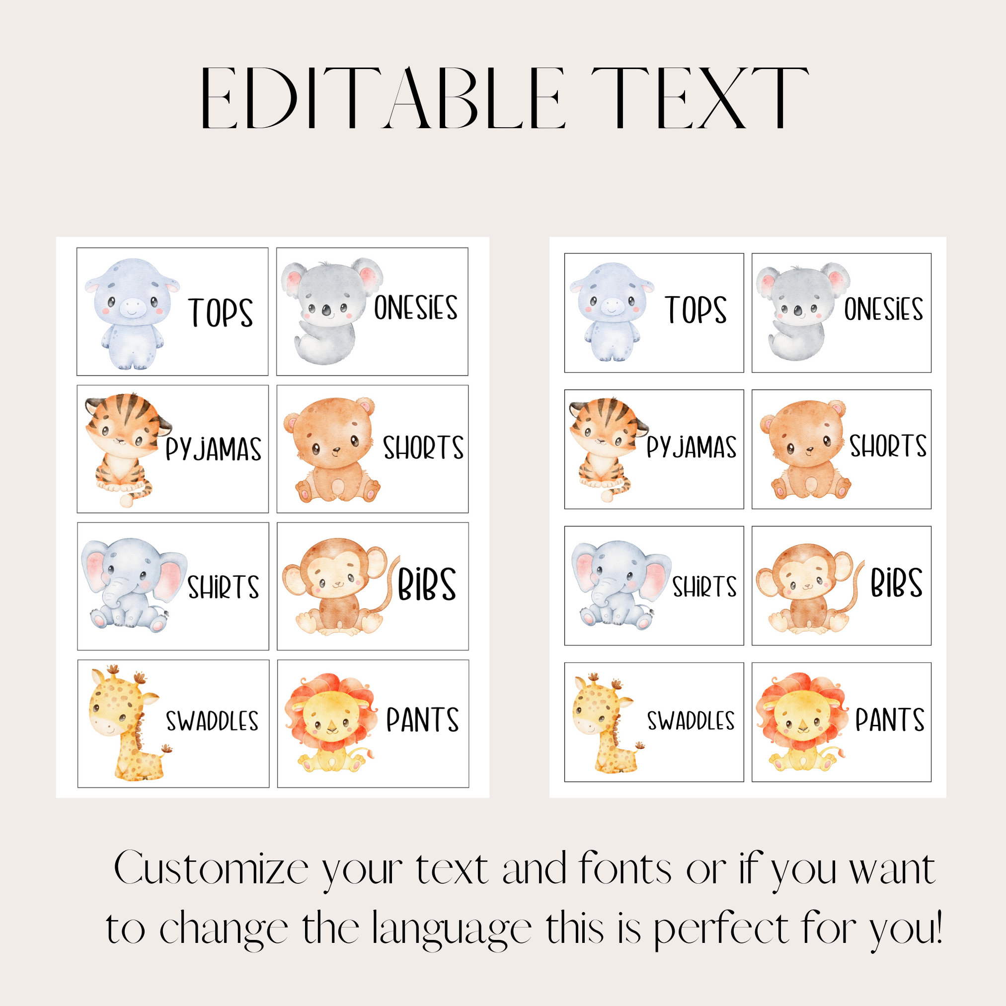 Safari Drawer Labels, Printable Baby Labels Canva Template, Closet ...