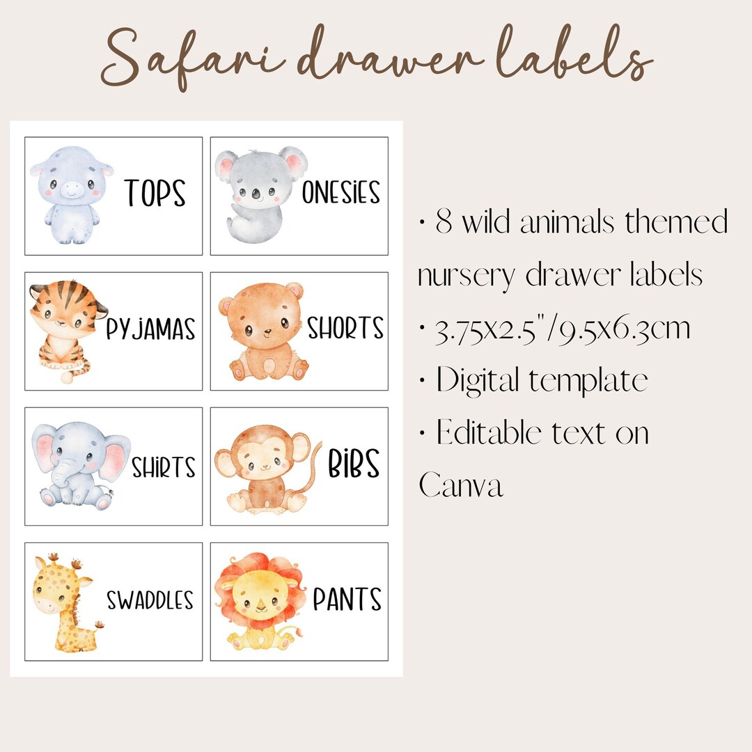 Safari Drawer Labels, Printable Baby Labels Canva Template, Closet ...
