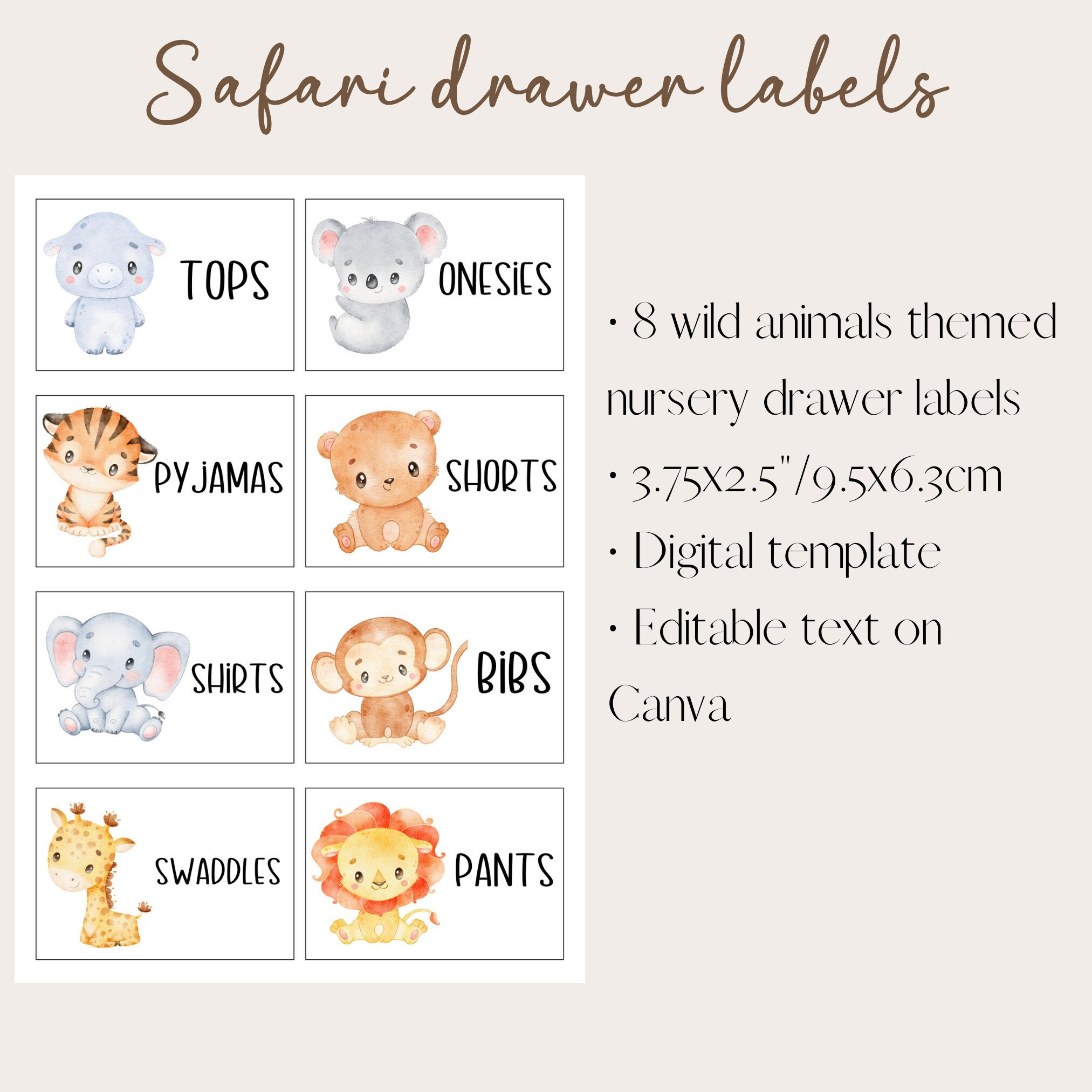 Safari Drawer Labels, Printable Baby Labels Canva Template, Closet ...
