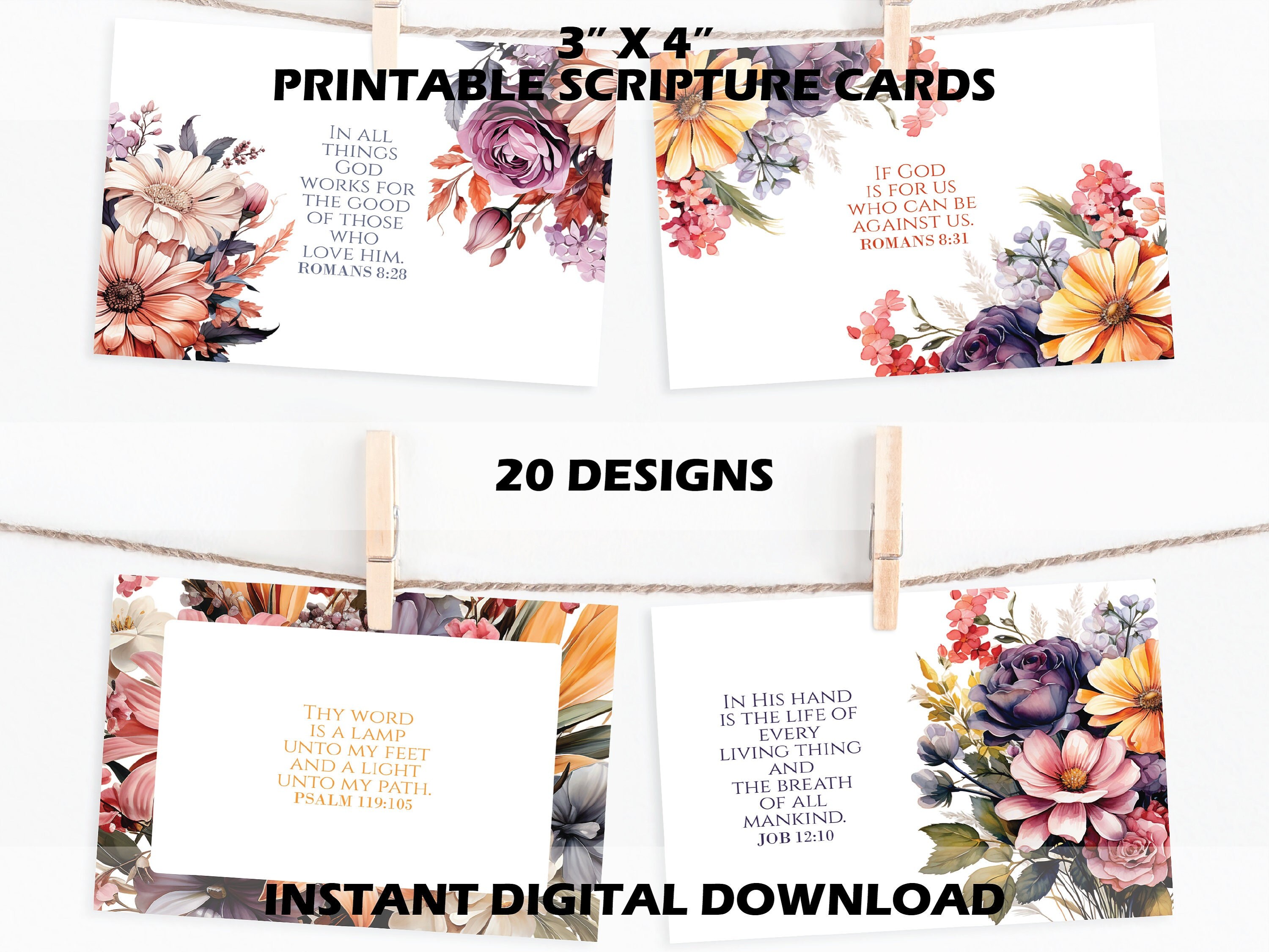 20 Mini Memory Verse Cards With Mauve, Yellow and Pink Watercolor ...