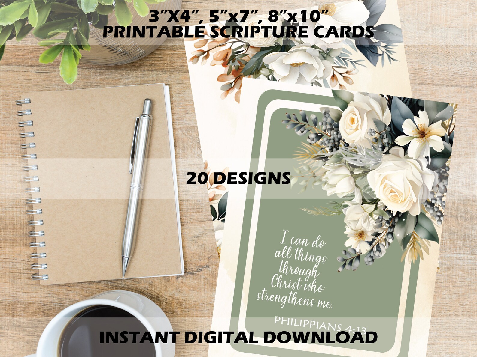 Bible Verse Cards, White Flower Arrangement Watercolor Cards With Blue ...