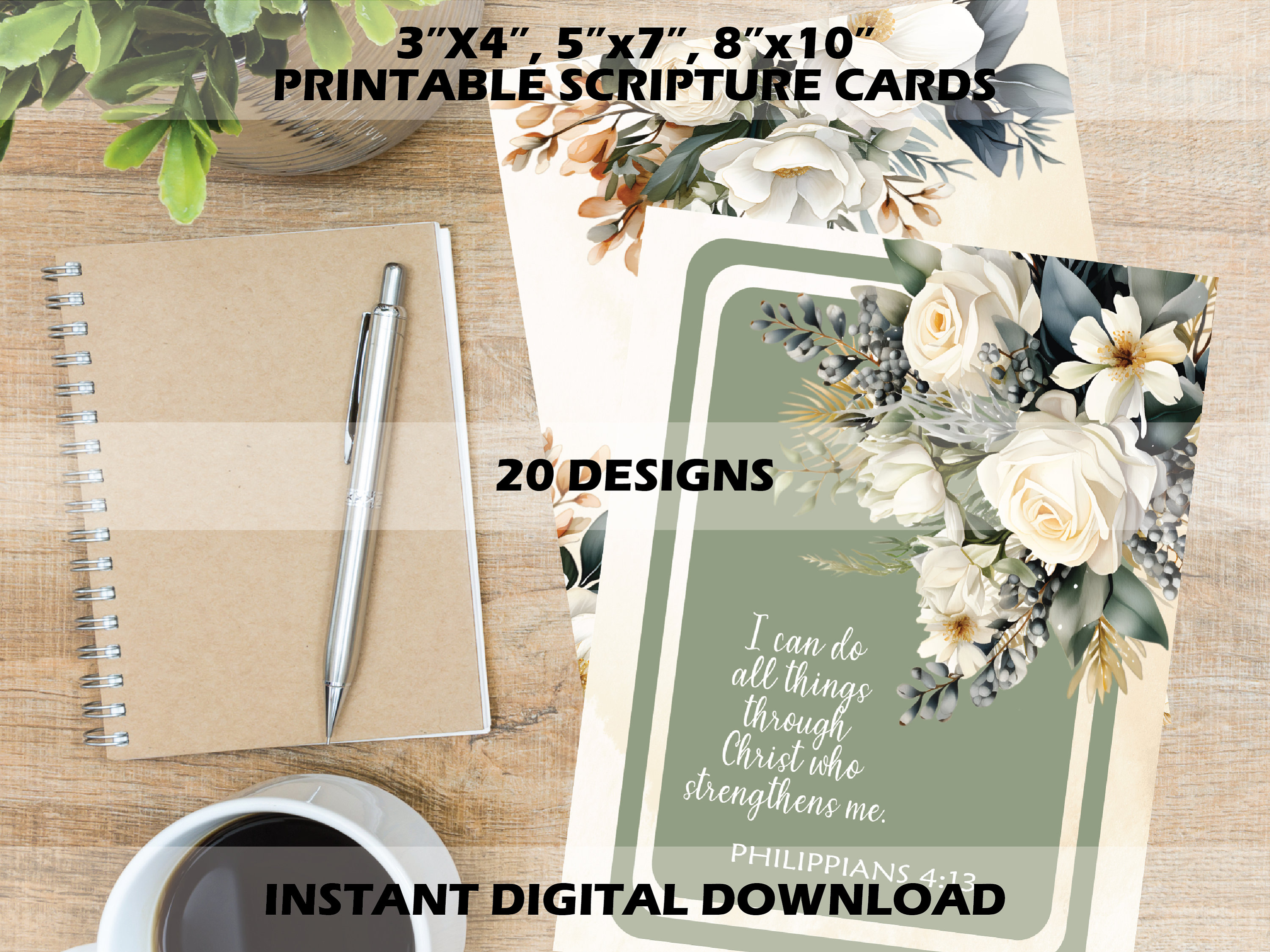 Bible Verse Cards, White Flower Arrangement Watercolor Cards With Blue ...