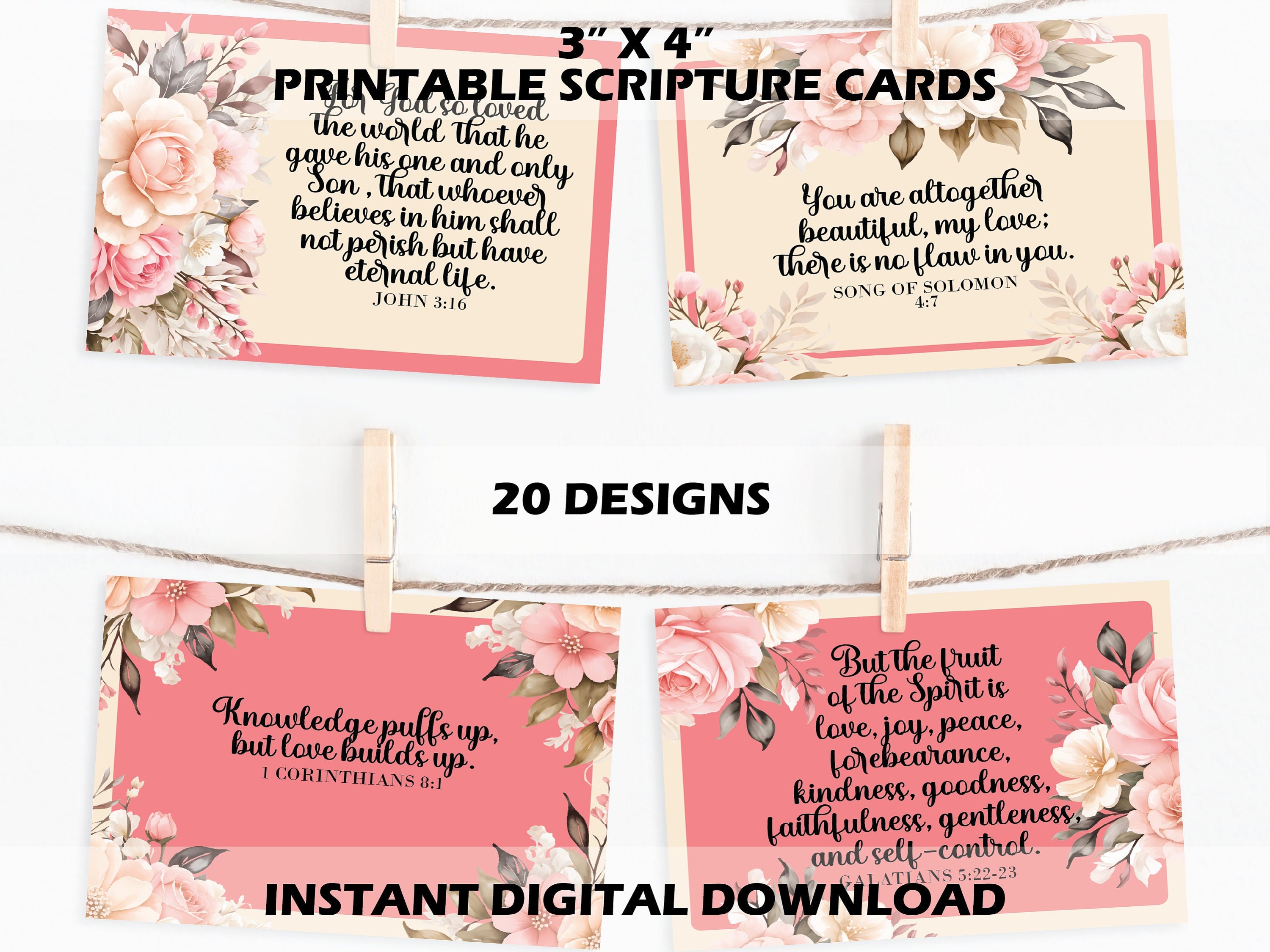 Printable Love Scripture Cards, Bible Verses With Pink Cream Flower ...
