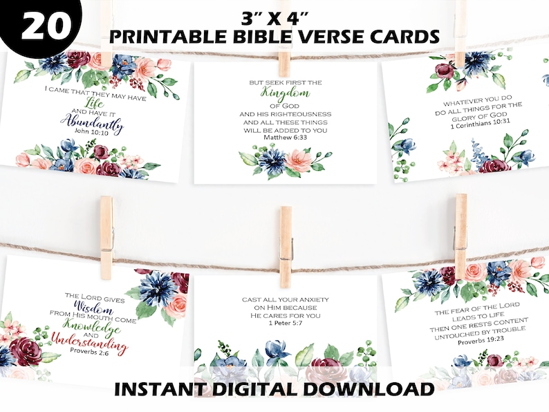 Mini Bible Verse Cards, Burgundy Blue Peach Watercolor Affirmation ...