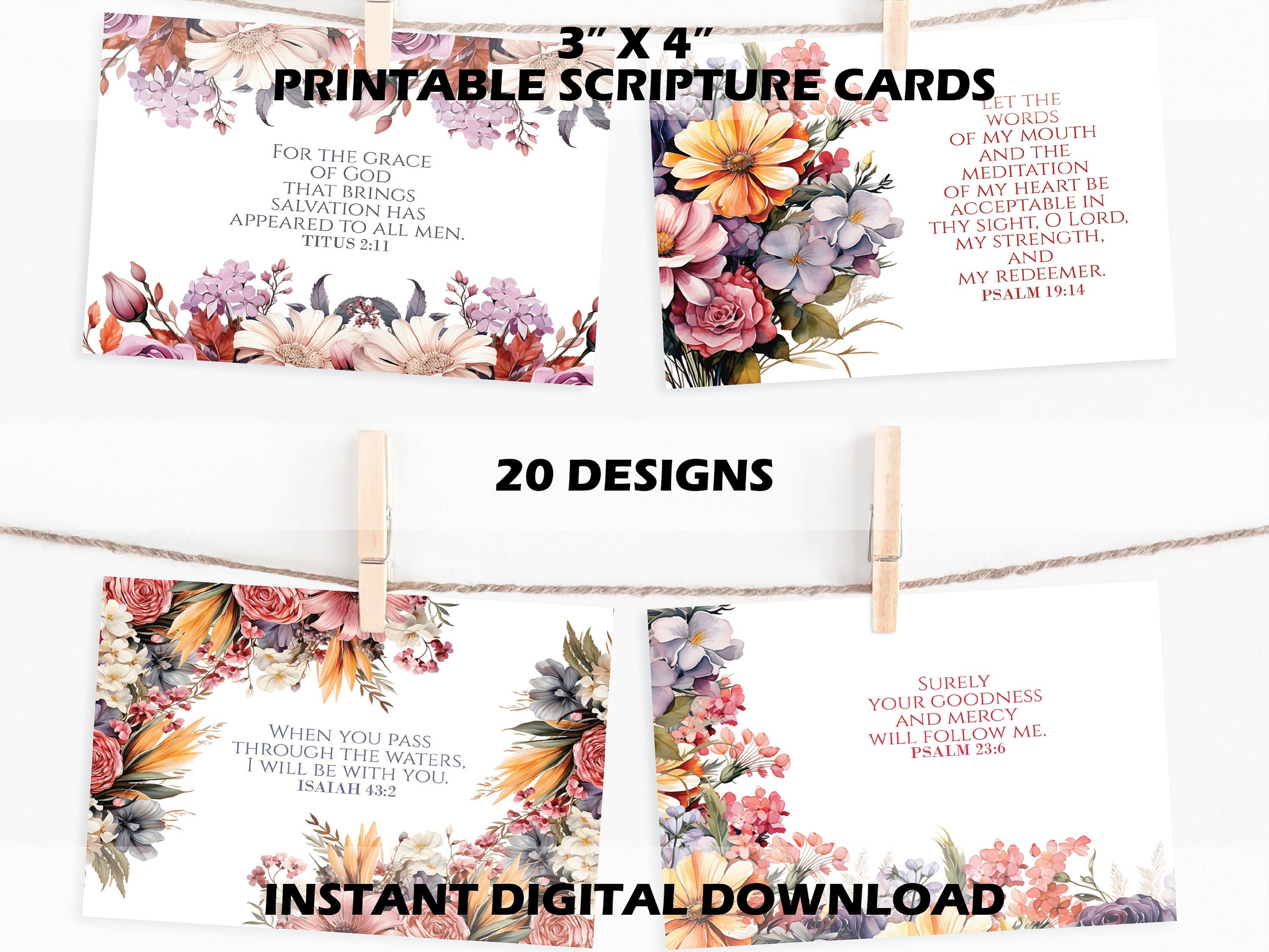 20 Mini Memory Verse Cards With Mauve, Yellow and Pink Watercolor ...