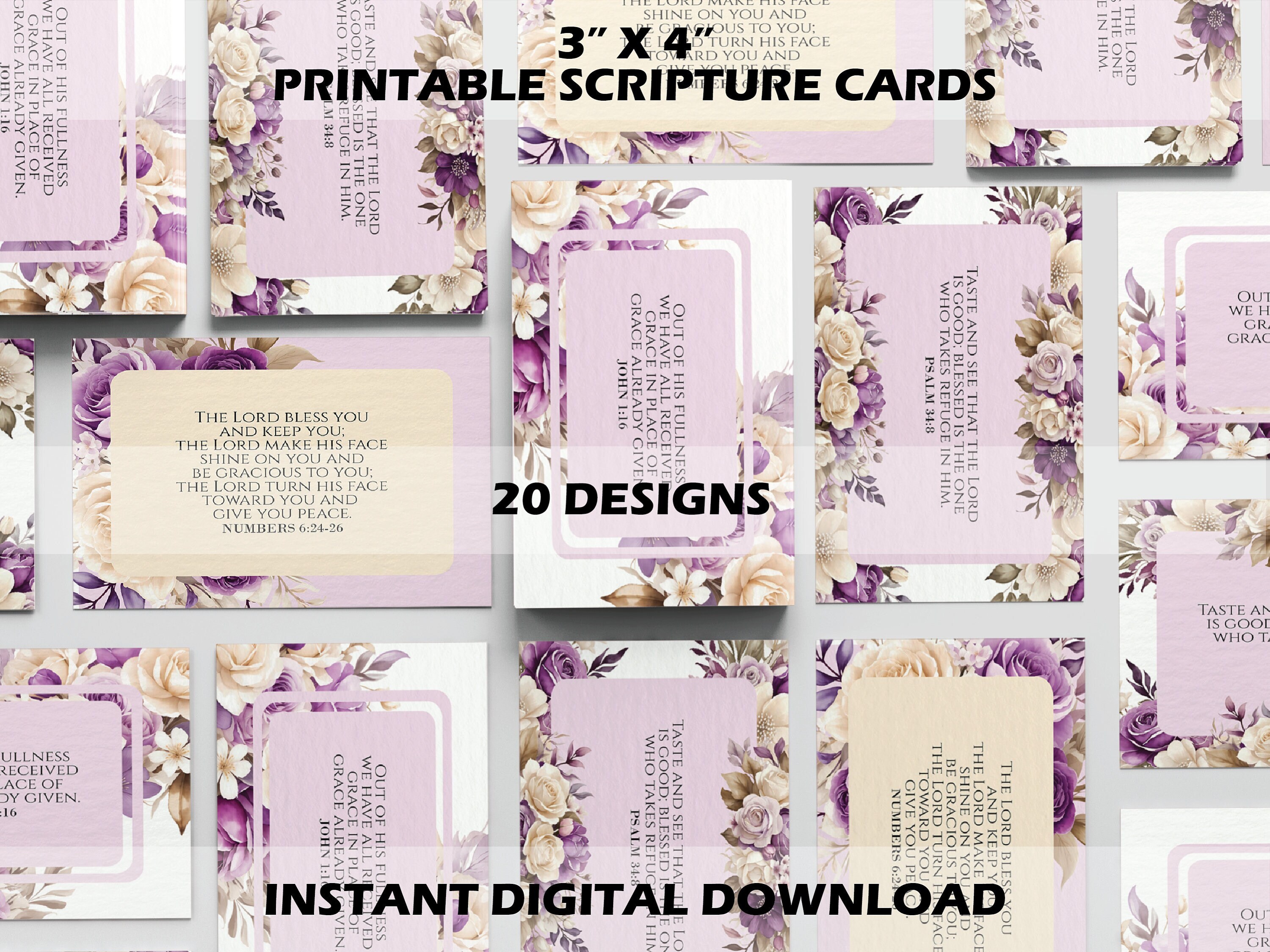20 Bible Verse Cards With Purple Cream Flower Watercolor Bouquets ...