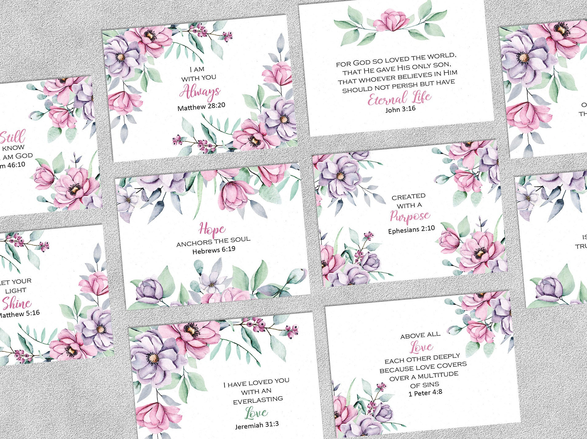 Bible Verse Affirmation Printable Cards Pink Purple Botanical ...