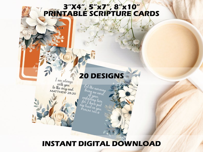 Bible Verse Cards, White Flower Arrangement Watercolor Cards With Blue ...