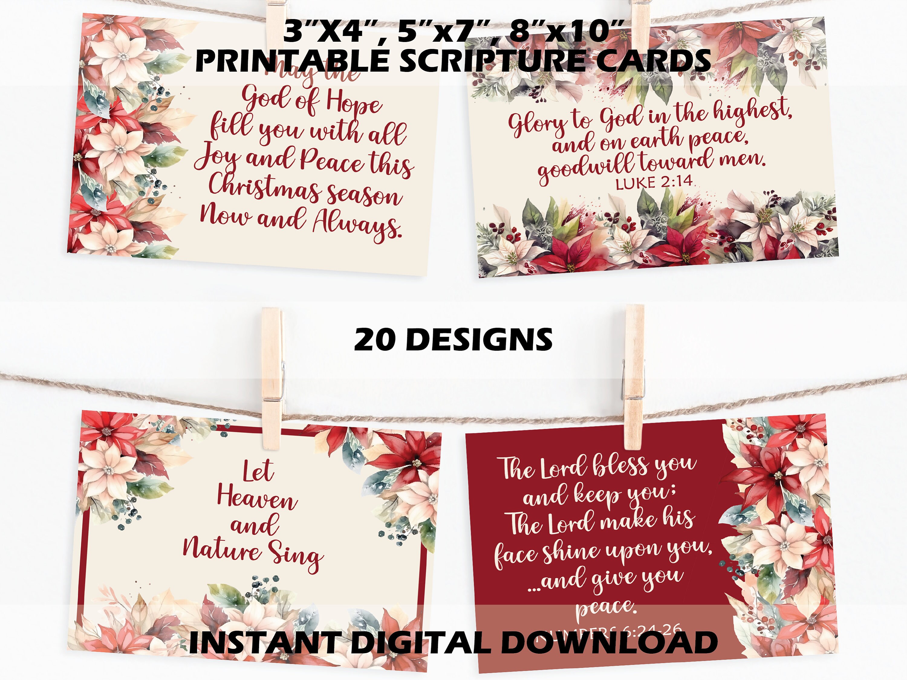 20 Mini Christmas Floral Scripture Cards and Affirmations, Watercolor ...