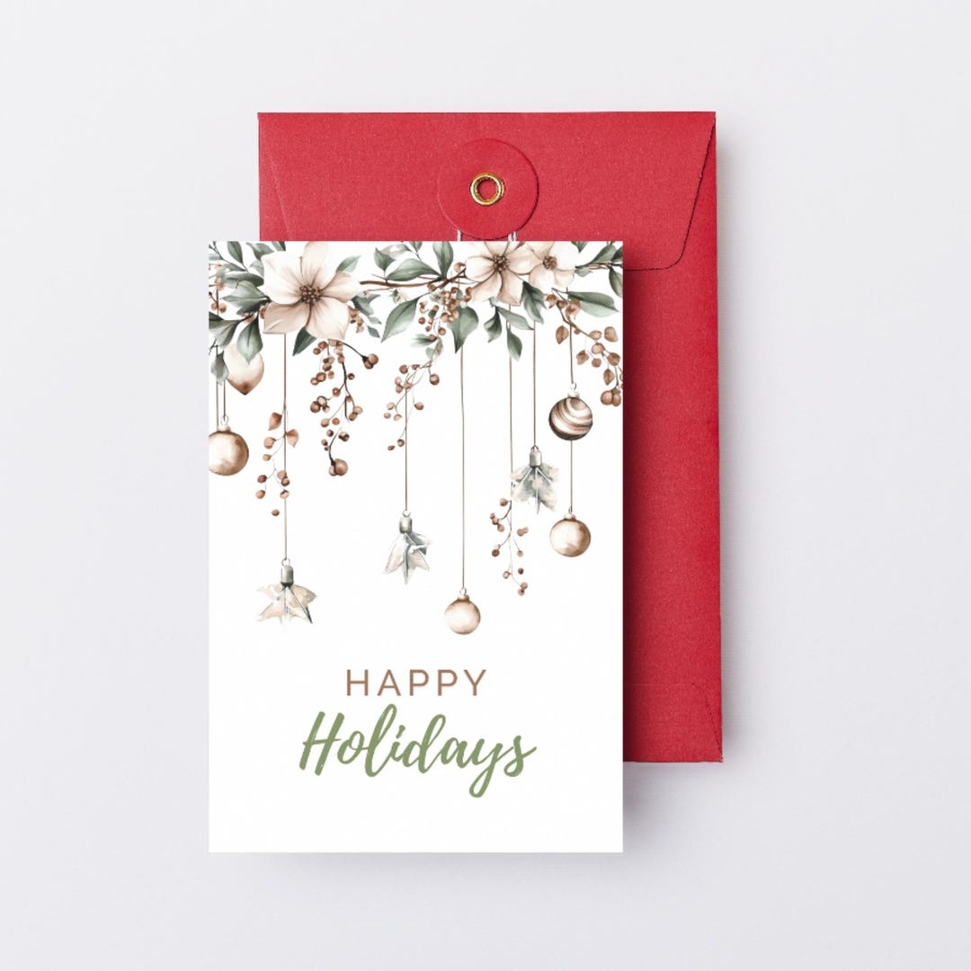 5x7 Printable Happy Holidays Card – Neutral Winter Floral & Ornament ...